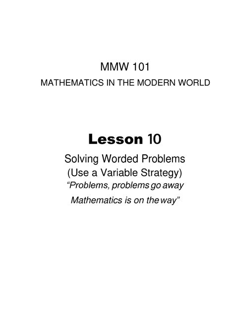 Lesson 10 Solving Worded Problems Use A Variable Strategy Mmw 101