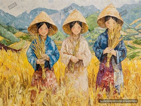 Ai创作图稻穗壁画 抱稻谷的女孩 抱稻穗的女孩 朝鲜田间人物大米插画 稻穗油画 油画水稻 稻穗美术绘画 稻田插画瑶族大米 农忙壁画 种田收割墙绘 稻田油画 农活壁画 稻全景画 稻穗绘画 扬谷