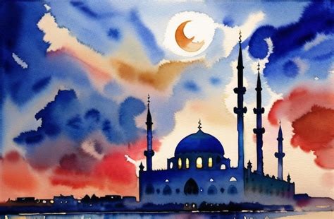 라마단 카림 이드 무바라크 람잔 이슬람 축제를 위한 아름다운 모스크 밤 배경 성원 이슬람 건축 생성 Ai의 수채화 이슬람 개념 배너 프리미엄 사진