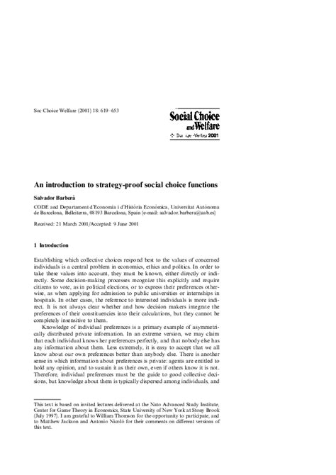 Pdf An Introduction To Strategy Proof Social Choice Functions