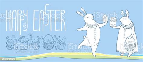 개요 부활절 토끼 부부와 행복 한 부활절 수평 인사말 카드와 파스텔 블루 바탕에 고립 된 전통적인 부활절 상징 벡터 귀여운 토끼 쌍 장식 인사말에 대 한 윤곽선 스타일입니다