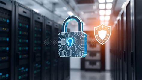Data Center Security With Digital Padlock And Shield Protecting Server Racks Stock Illustration