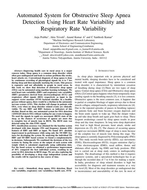 Pdf Automated System For Obstructive Sleep Apnea Detection Using Heart Rate Variability And