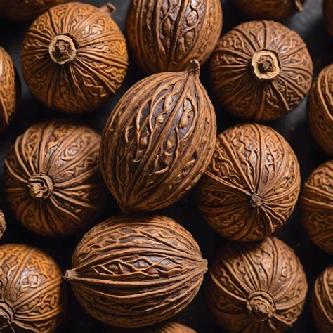 Premium Photo A Bunch Of Brown Wooden Nuts Are Lined Up In A Row