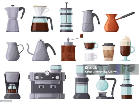 커피 머신 프렌치 프레스 세즈브 냄비 에어로프레스 및 에스프레소 머신 커피 양조 도구 컵 및 커피 냄비 벡터 일러스트 레이션 세트 뜨거운 음료 커피 요소 커피 포트에 대한