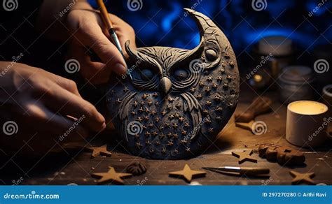 A Clay Owl Perched On A Clay Crescent Moon Stock Illustration