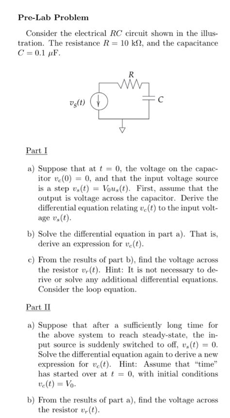 Solved Pre Lab Problem Consider The Electrical RC Circuit Chegg
