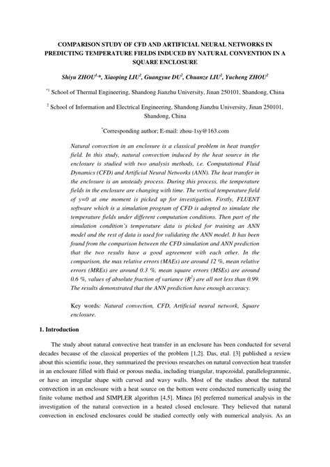 Pdf Comparison Study Of Cfd And Artificial Neural Networks In Predicting Temperature Fields