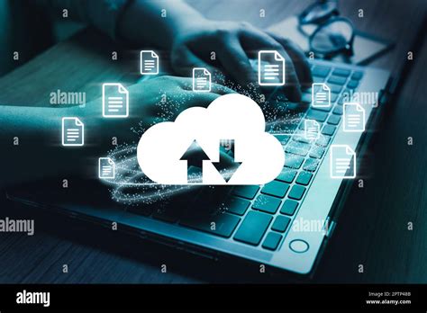 Woman Use Laptop With VR Interface Of Cloud Computing Diagram Cloud Technology Data Storage