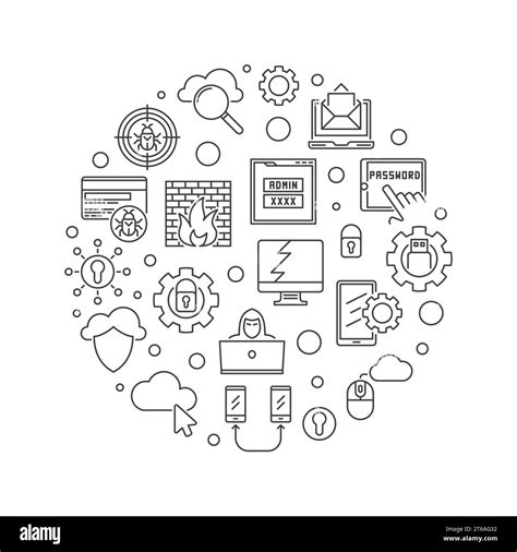 vector hacker round cybersecurity concept outline simple illustration or banner on white