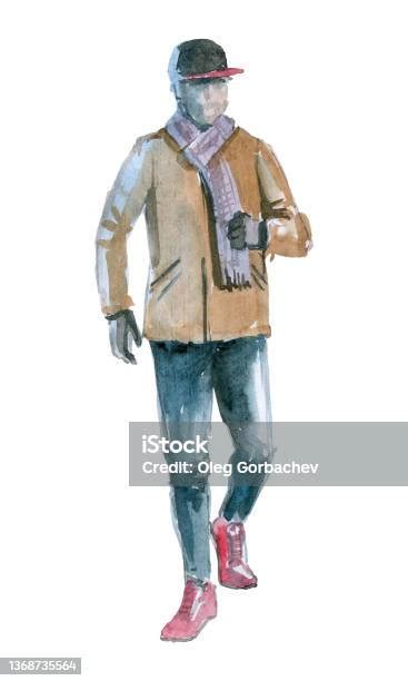 캐주얼 한 옷을 입은 젊은이들의 인물 그들은 뷰어로 이동합니다 전체 길이 수채화 일러스트레이션 수채화에 대한 스톡 벡터 아트 및 기타 이미지 Istock