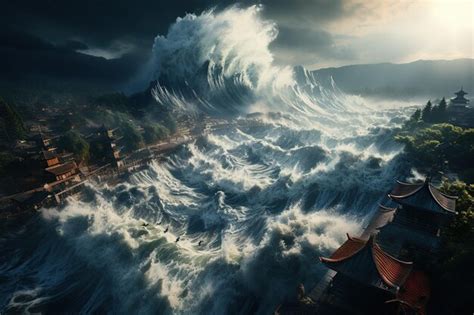 Premium Photo Tsunami Impact Massive Waves Crashing Onto A Shoreline