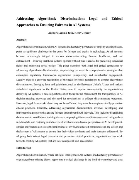 Pdf Addressing Algorithmic Discrimination Legal And Ethical Approaches To Ensuring Fairness