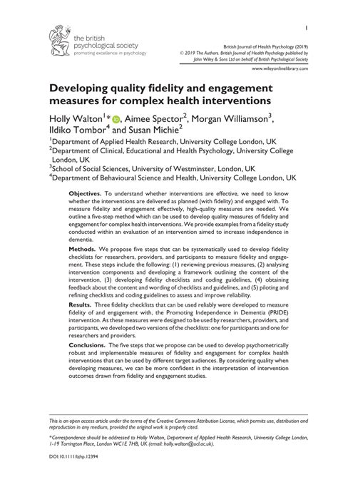 Pdf Developing Quality Fidelity And Engagement Measures For Complex Health Interventions