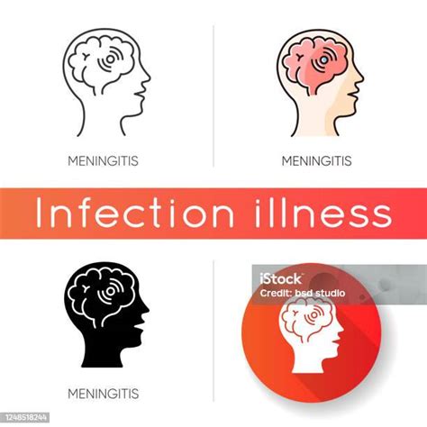 수막염 아이콘 리니어 블랙 및 Rgb 색상 스타일 전염성 수막구균 질환 위험한 수막 염증 신경 질환 세균성 뇌 감염 고립 된 벡터 일러스트레이션 개념에 대한 스톡 벡터 아트