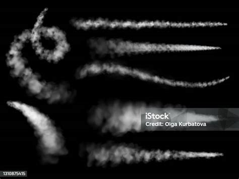 트레일 연기 비행기 흰색 비행기 트레일 이륙 제트 미사일 셔틀 또는 우주선 의 흔적 떨어지는 혜성 또는 유성 투명 증기 증기 응축 벡터 사실적 격리 세트 비행기구름에 대한