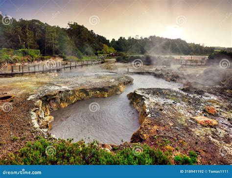 Azores Furnas Sunset Volcano Landscpae Over Lake With Hot Spring And
