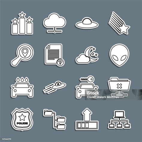 설정 라인 컴퓨터 네트워크 Ftp 취소 작업 외계인 Ufo 비행 우주선 알 수없는 문서 검색 위치 순위 별 및 달과 별 아이콘이있는 구름 벡터 건강관리와 의술에 대한 스톡