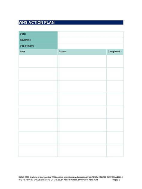 Whs Action Plan Template Pdf