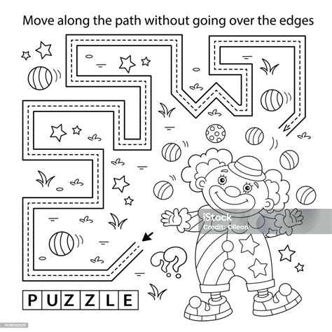 필기 연습 시트 간단한 교육 게임 또는 미로 색칠하기 페이지 개요 화려한 공을 가진 만화 서커스 광대 아이들을위한 색칠하기 책