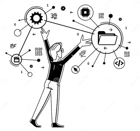 Programmer Is Coding And Repairing Some Machine System Vector Outline Illustration Computer