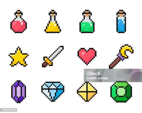 픽셀 아트 벡터 아이콘 게임 세트 건강 마나 물약 빈티지 8 비트 80 년대 90 년대 게임 컴퓨터 아케이드 게임 아이템 칼 보석 크리스탈 지팡이 심장 별 모자이크 처리에