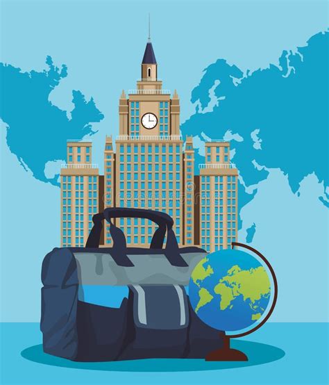 Edificio Conico Con Sacchetto Da Viaggio E Icona Del Globo