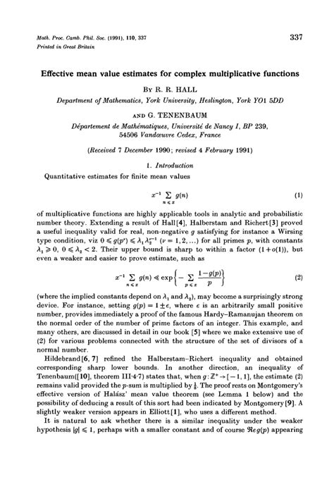 Pdf Effective Mean Value Estimates For Complex Multiplicative Functions