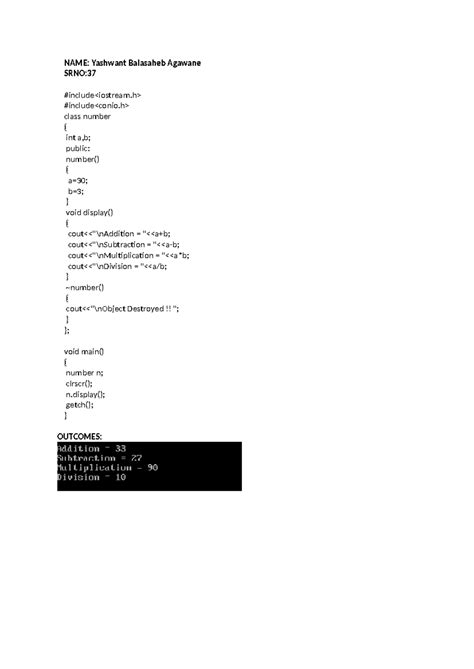 Constructor And Distructor Name Yashwant Balasaheb Agawane Srno