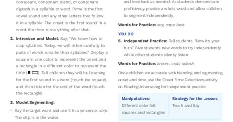 Reading Universe Segmenting Onset And Rime Lesson Plan