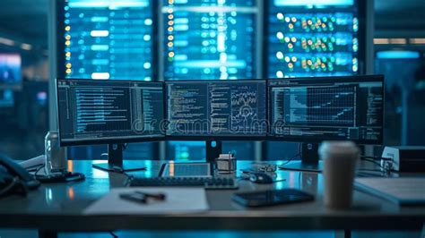 High Tech Workstation With Multiple Computer Monitors Displaying Graphs And Analytical Data Ai