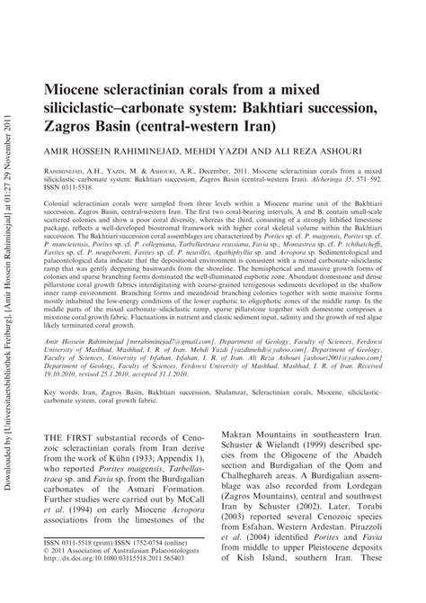 Pdf Miocene Scleractinian Corals From A Mixed Siliciclasticcarbonate System Bakhtiari