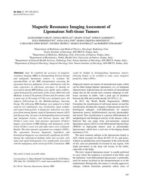 Pdf Magnetic Resonance Imaging Assessment Of Lipomatous Soft Tissue Tumors