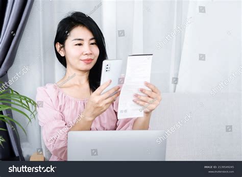 Asian Woman Scanning Qr Code Pay Stock Photo Shutterstock