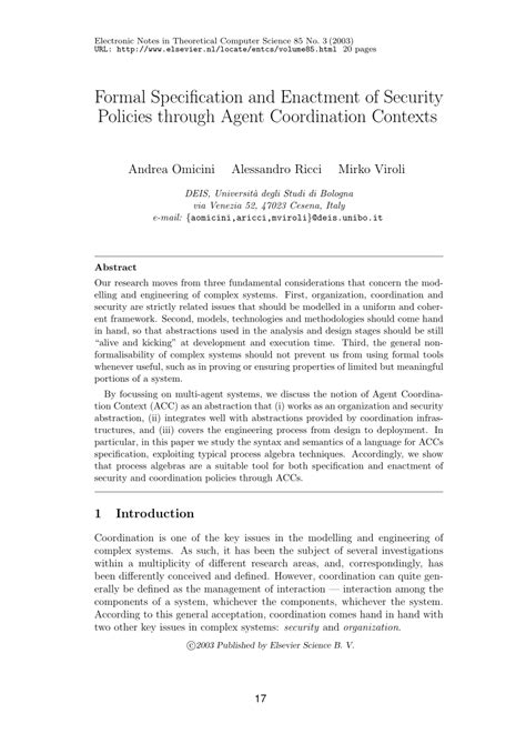 Pdf Formal Specification And Enactment Of Security Policies Through Agent Coordination Contexts