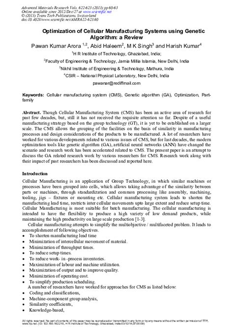 Pdf Optimization Of Cellular Manufacturing Systems Using Genetic Algorithm A Review