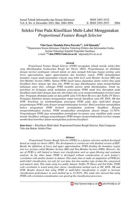 Pdf Seleksi Fitur Pada Klasifikasi Multi Label Menggunakan Proportional Feature Rough Selector