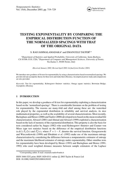 Pdf Testing Exponentiality By Comparing The Empirical Distribution Function Of The Normalized