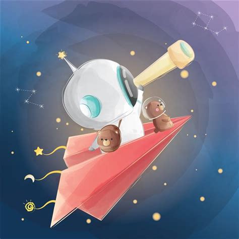 فضانورد و حیوانات کوچولوی ناز در فضا نقاشی و تصویرسازی کودکانه طرح لایه