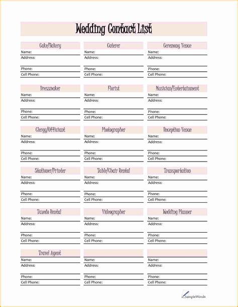 Wedding Vendor Contact List Template Peterainsworth