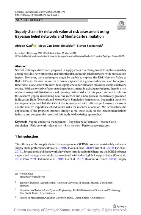 Supply Chain Risk Network Value At Risk Assessment Using Bayesian