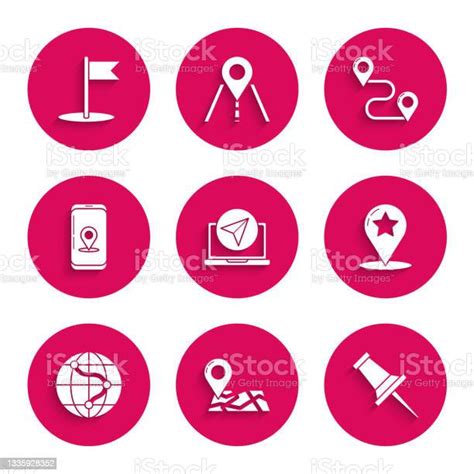 위치 마커 푸시 핀 지도 포인터 별 위치 지구 위치 경로 및 플래그 아이콘으로 접힌 도시 지도 탐색의 인포그래픽을 설정합니다 벡터 Brand Name Smart Phone에