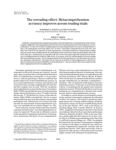 pdf the rereading effect metacomprehension accuracy improves across