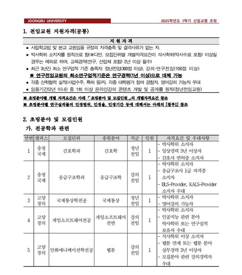 2025 1학기 전임교원 초빙 공고 중부대학교 진학프로