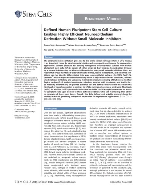 Pdf Defined Human Pluripotent Stem Cell Culture Enables Highly Efficient Neuroepithelium