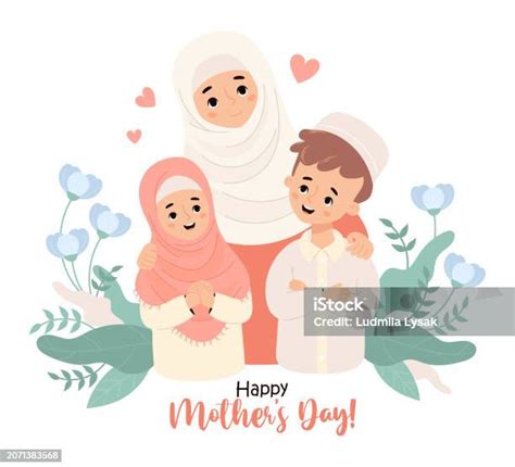 이슬람 가족 웃는 아이들 아들과 딸과 함께 귀여운 무슬림 어머니 해피 어머니의 날 카드 평면 만화 스타일의 벡터 일러스트 레이 션 가공의 인물에 대한 스톡 벡터 아트 및