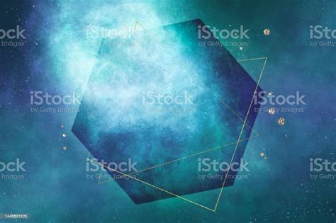 별이 빛나는 하늘의 그림입니다 공간과 밤 개념을 위한 어두운 배경 템플릿입니다 녹색 성운과 황금빛 반짝이 기하학적 패턴 녹색에