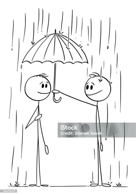 그의 우산을 제공 비에 사람을 돕는 사람 벡터 만화 스틱 그림 일러스트 도움의 손길에 대한 스톡 벡터 아트 및 기타 이미지 도움의 손길 원조 지원 Istock