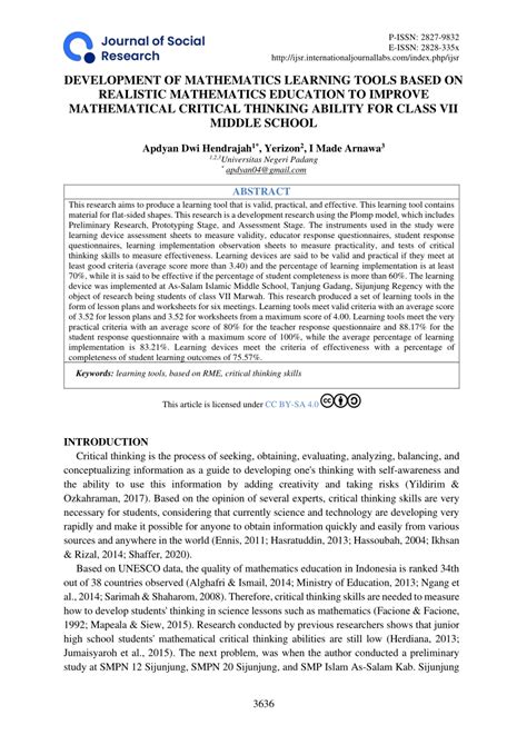 Pdf Development Of Mathematics Learning Tools Based On Realistic Mathematics Education To