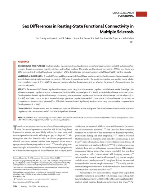 Pdf Sex Differences In Resting State Functional Connectivity In